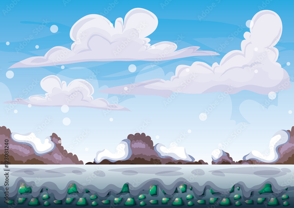 cartoon vector snow landscape background with separated layers for game ...