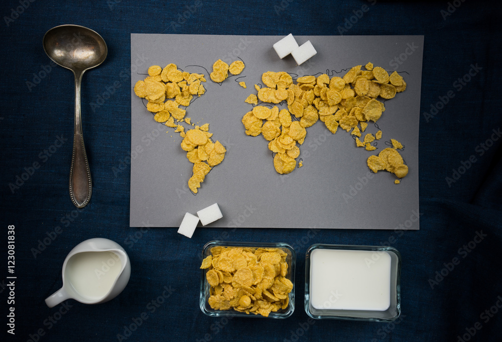 world map of muesli, milk. healthy breakfast. trade and globalization ...