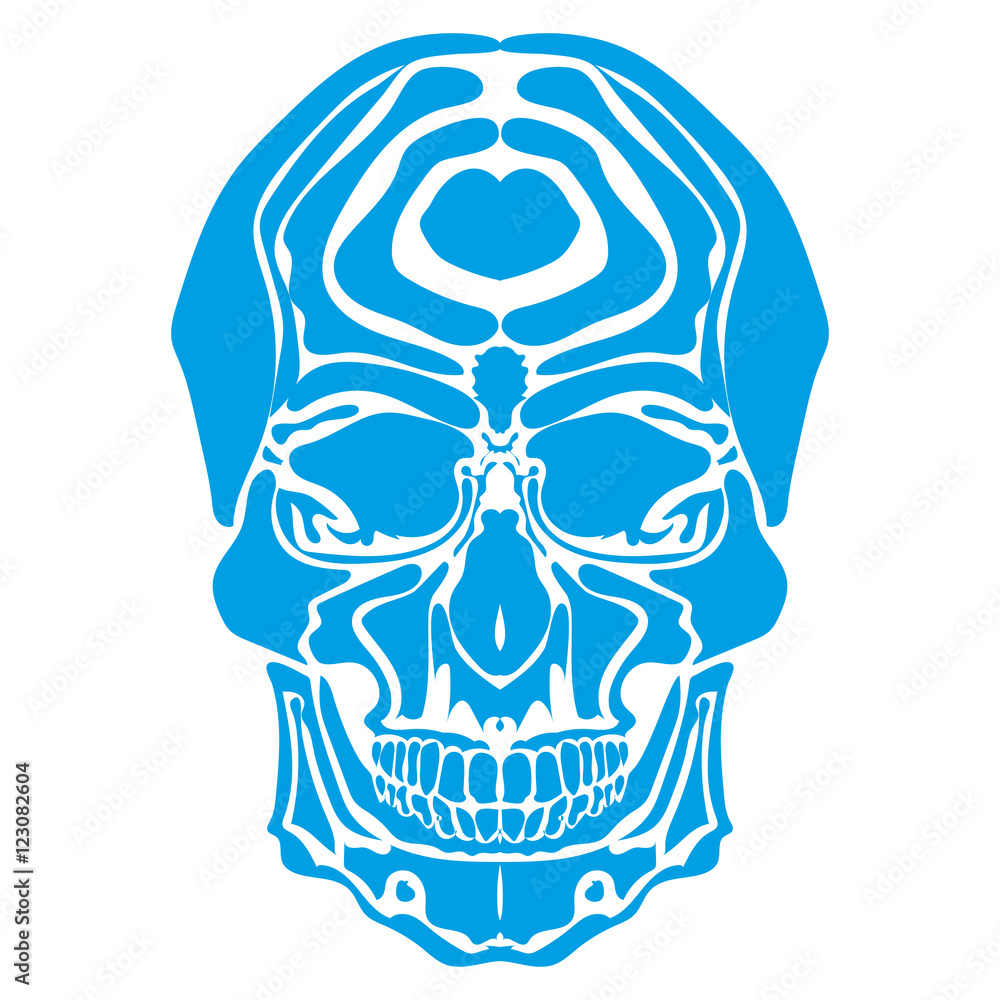 stylized human skull . the drawing hands. made in one color which ...