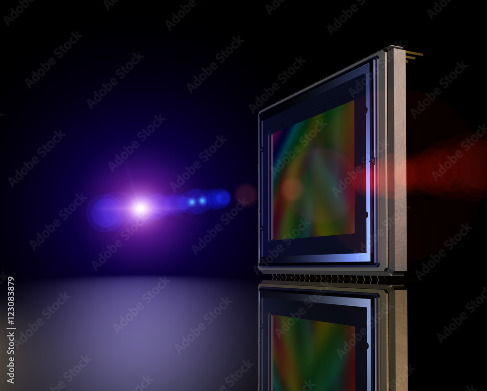 Digital camera sensor isolated on black, realistic 3D rendering - with ...