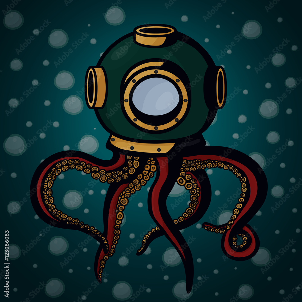 Octopus living in diving helmet Stock Vector | Adobe Stock