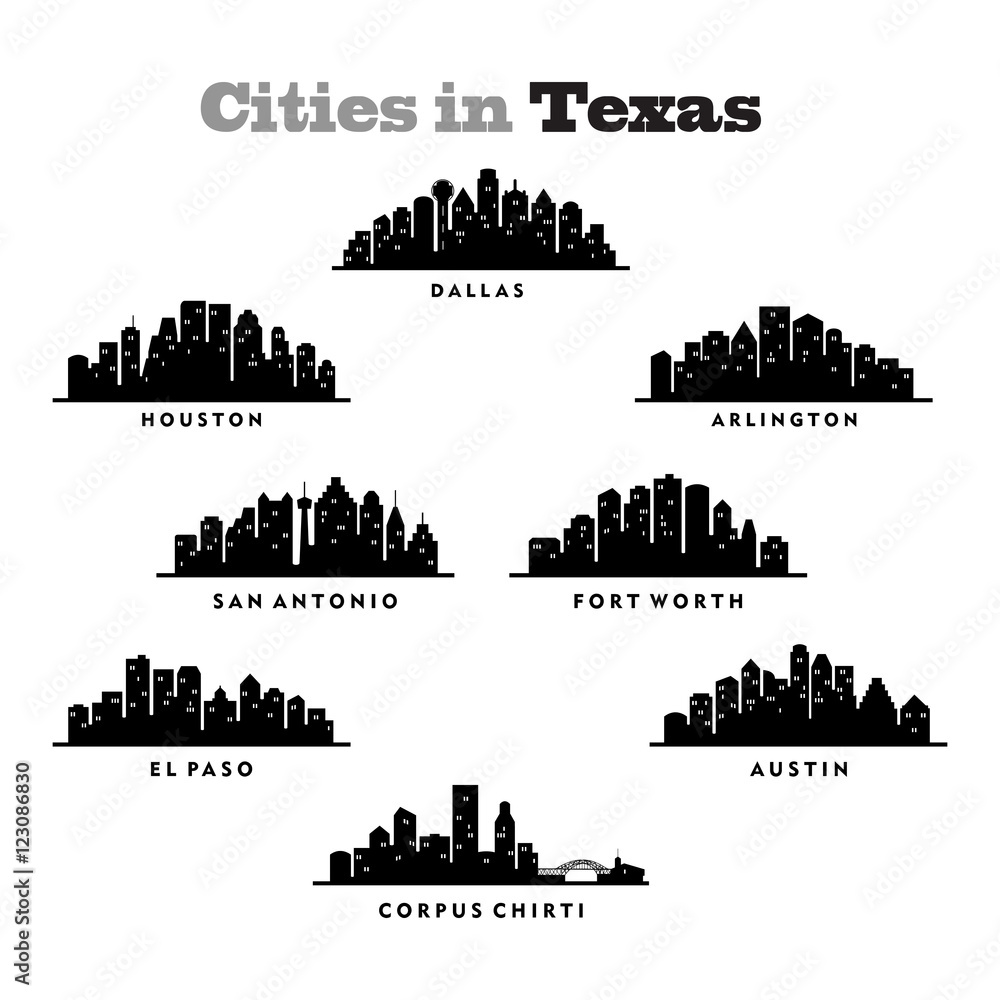 City Skyline Cityscape of Cities in Texas - Silhouette Stock Vector ...