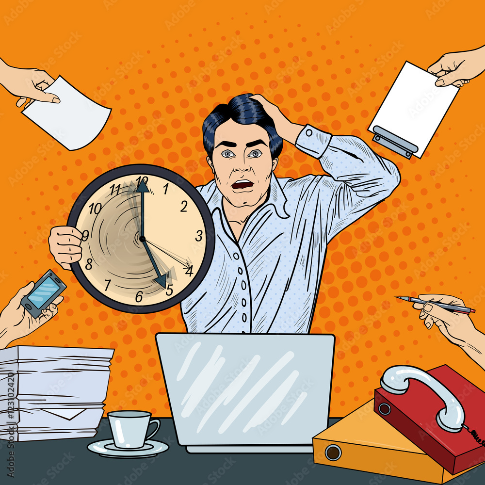 Stressed Pop Art Business Man Holding Big Clock at Multi Tasking Office ...