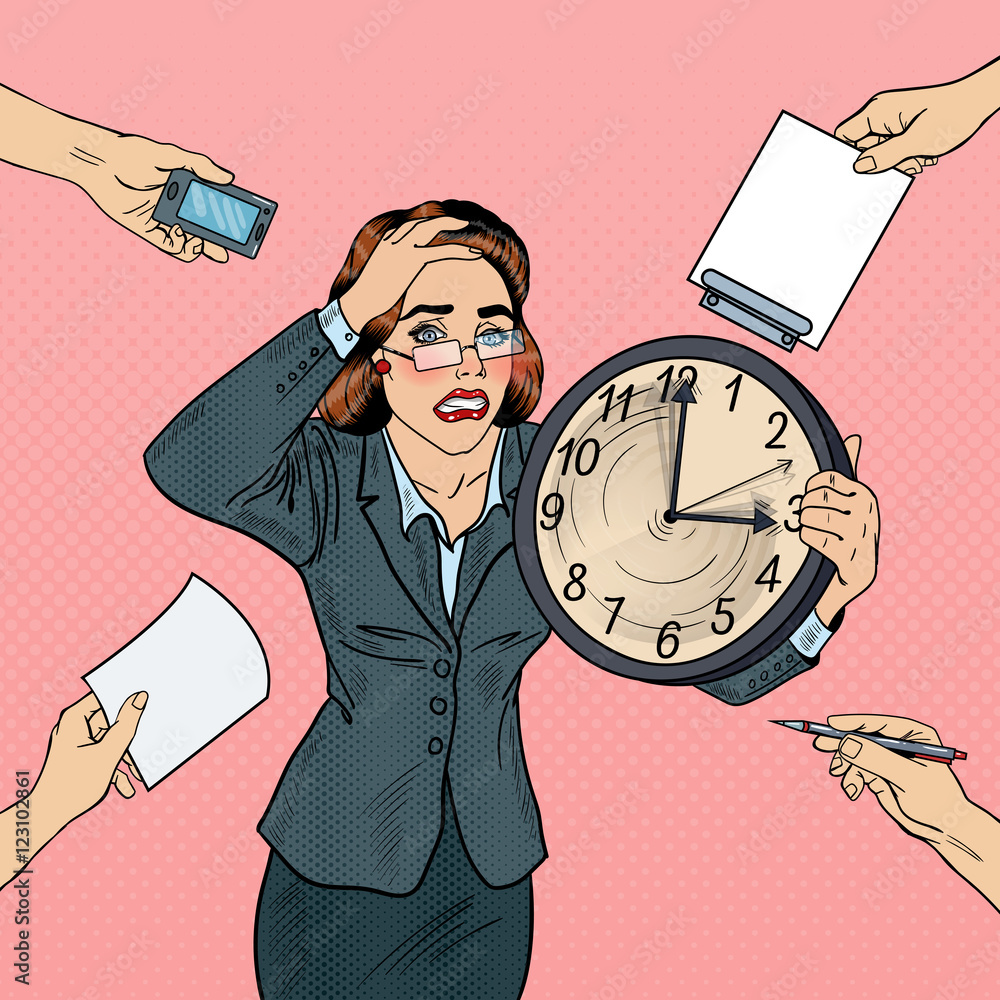 Stressed Pop Art Business Woman with Big Clock at Deadline Multi ...