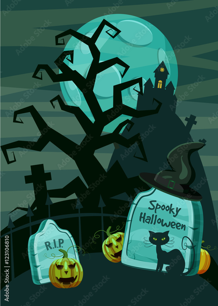 Halloween spooky cemetery concept. Cartoon illustration of Halloween ...