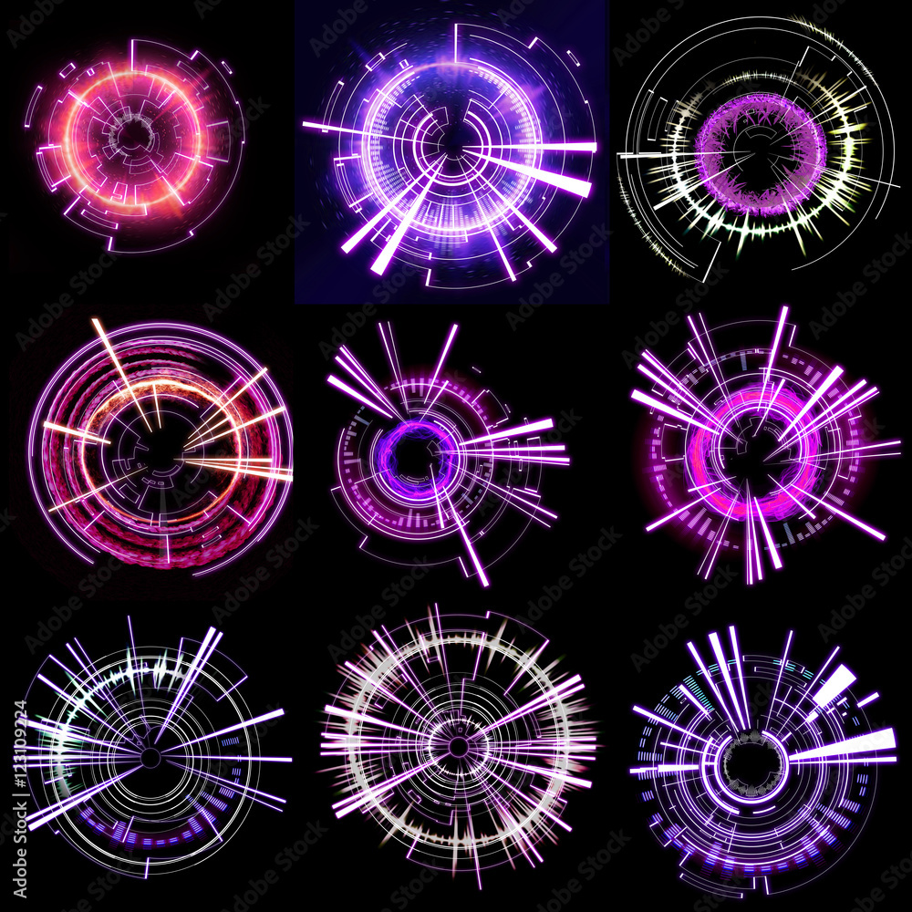 Collection of Futuristic technology wheel on a black background Stock ...