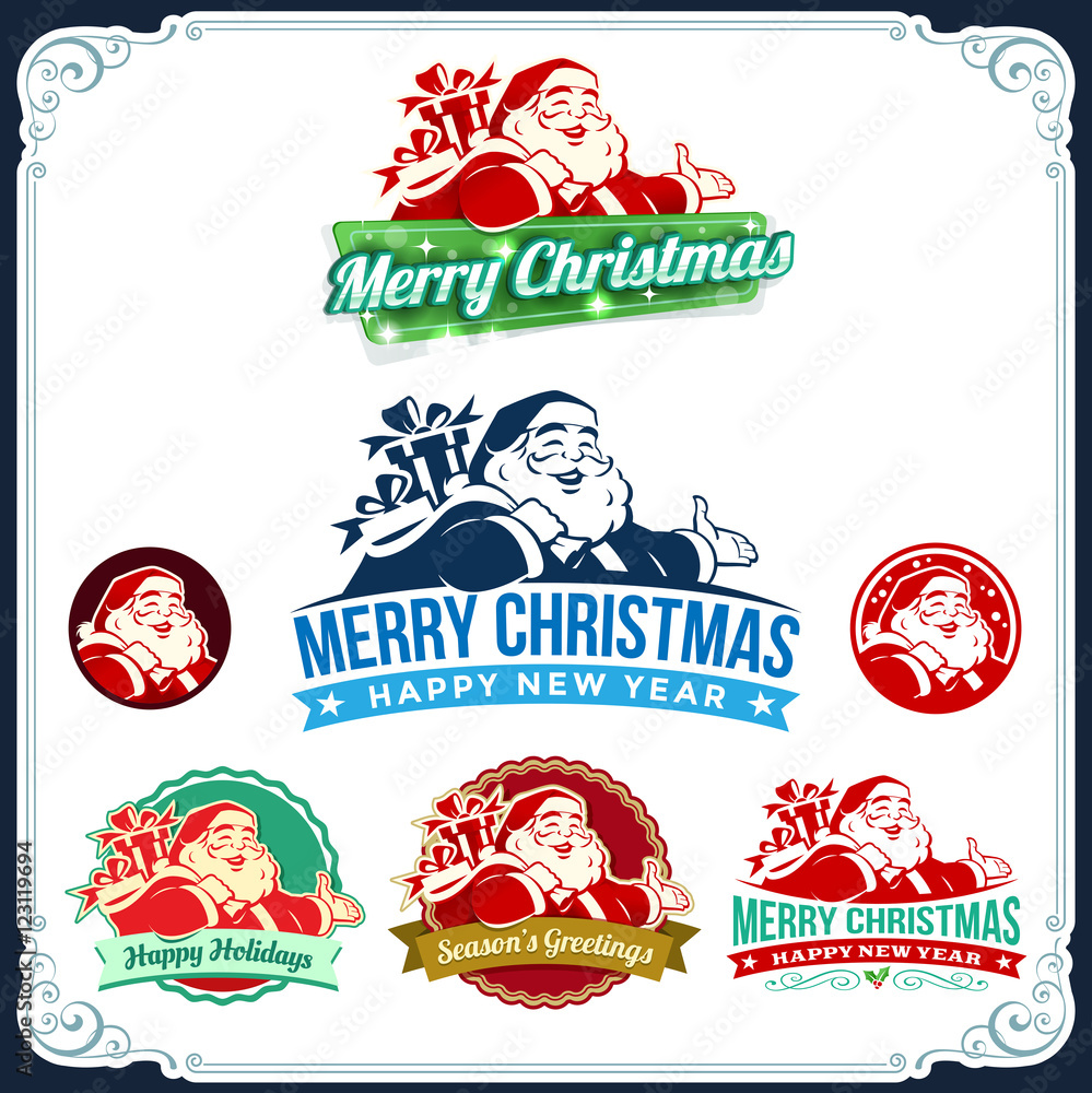 Vector vintage Christmas labels with cartoon Santa Claus retro ...