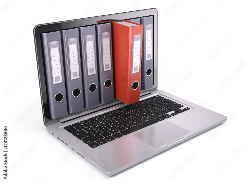 Ring binders, file folders inside the screen of laptop isolated on ...