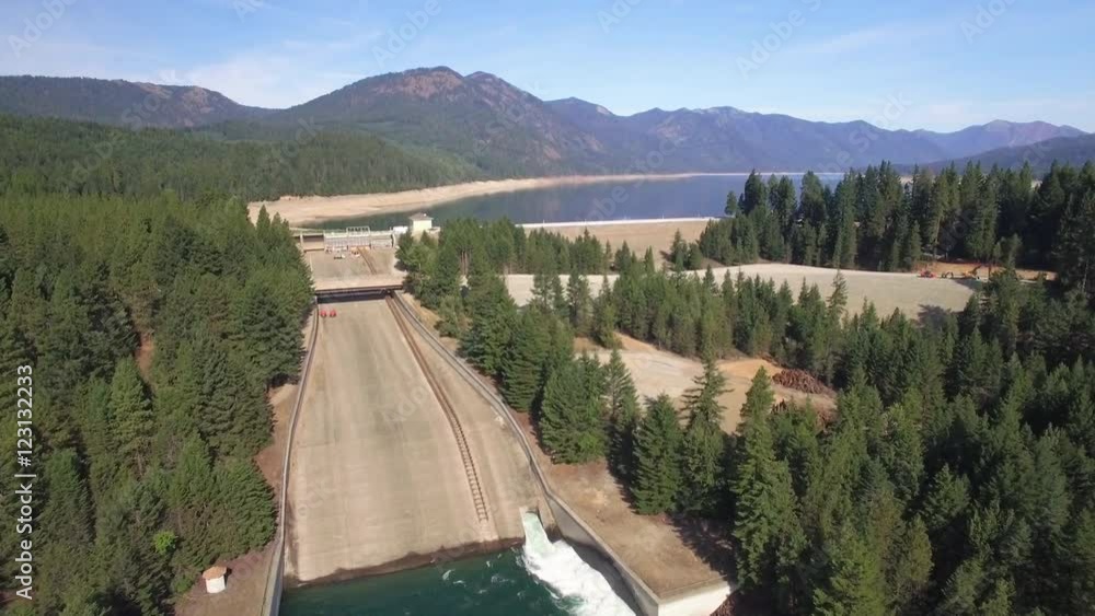 Summer Aerial Above Dam at Lake Cle Elum with Water Flowing to River ...