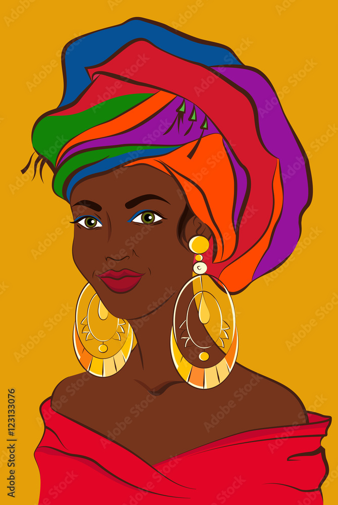 Latin woman. Cuban girl with colorful turban and big golden earrings ...
