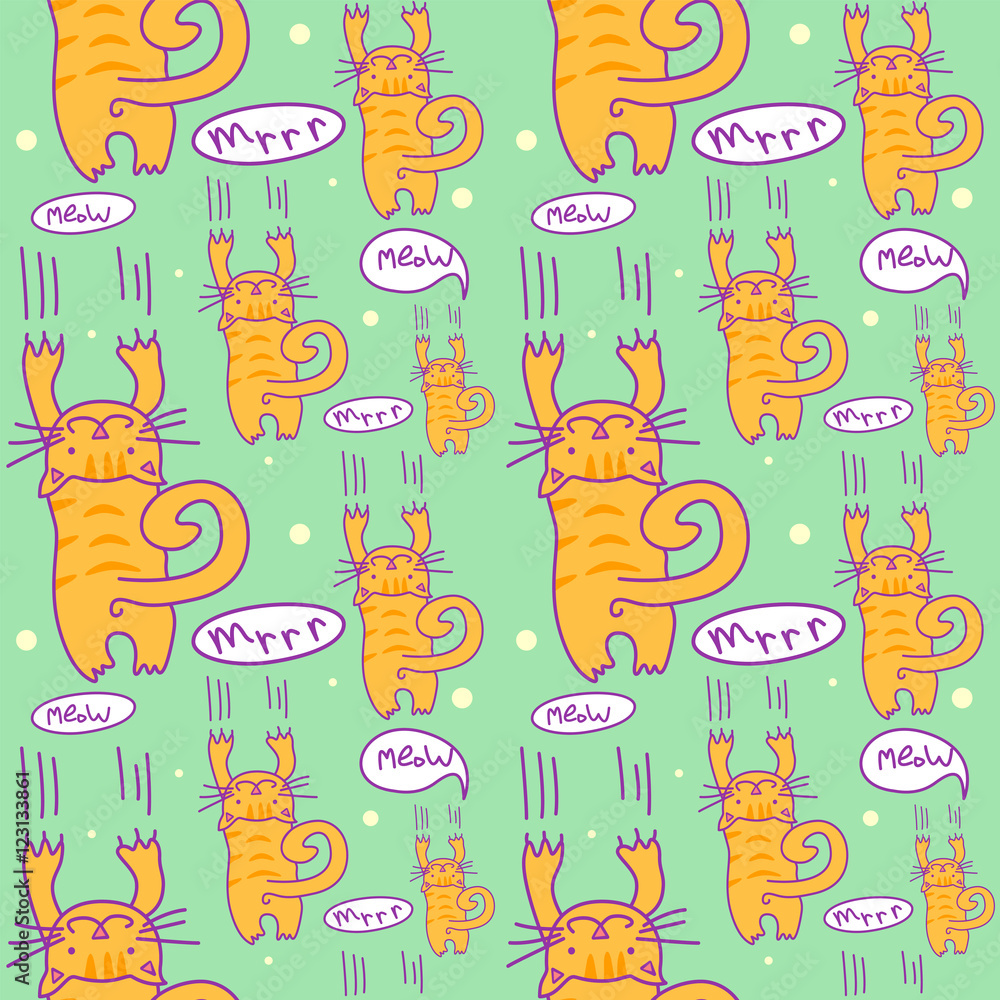 Seamless pattern with comic cartoon cat. Scratching kitten with speech ...