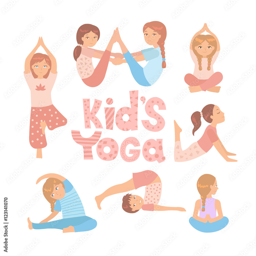 Cute kids doing yoga exercises. Yoga kids set. Gymnastics for children ...