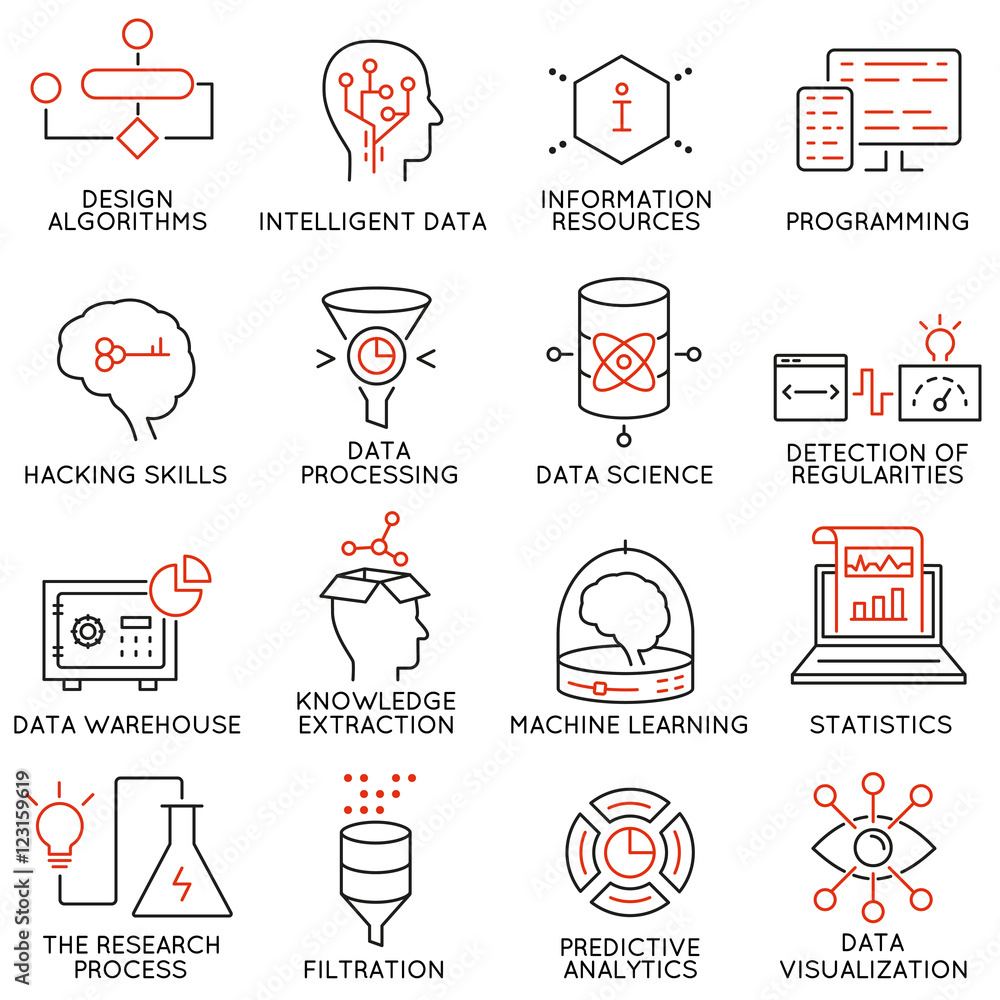 Vector set of 16 icons related to business and data management ...