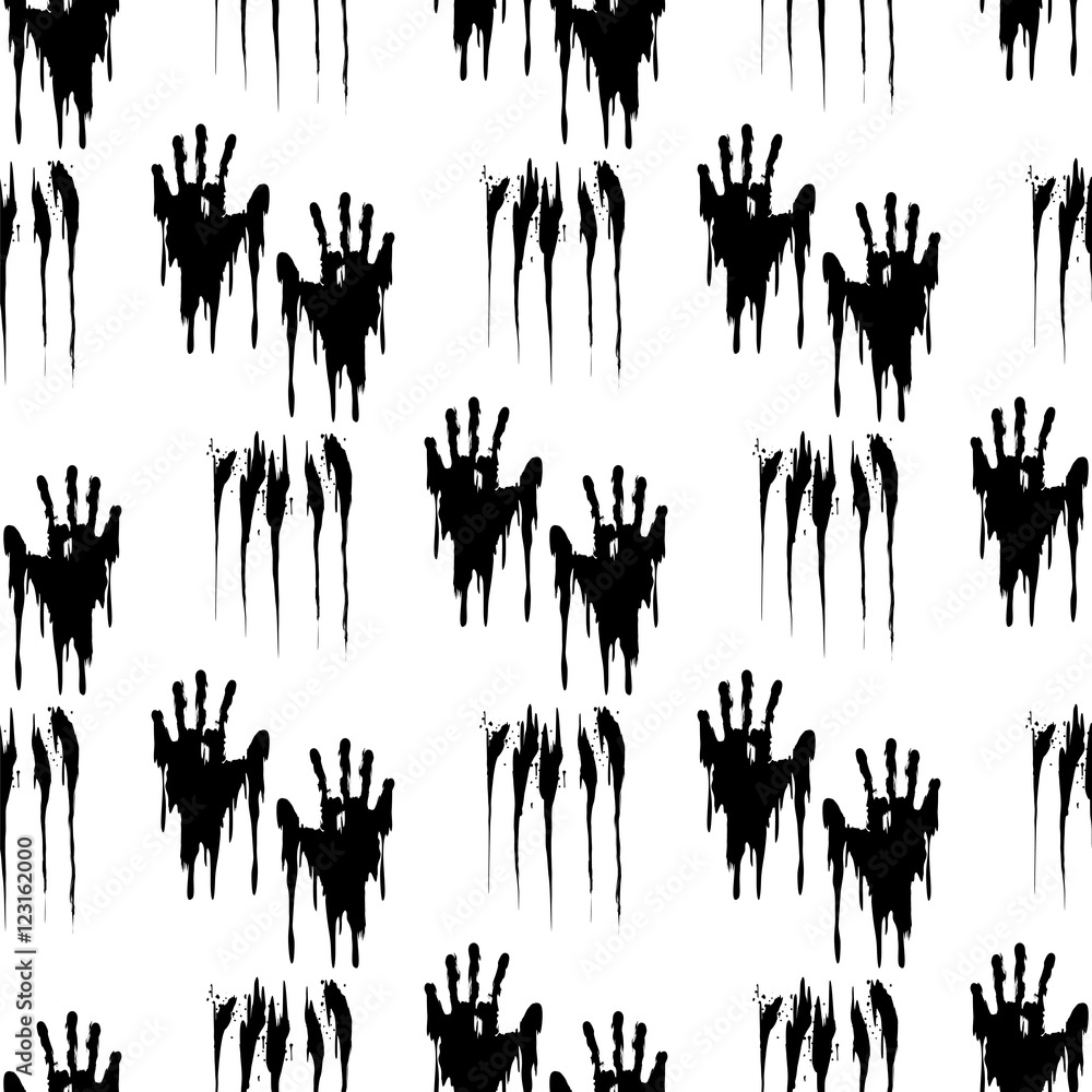 Black handprints on white seamless pattern. Horror background vector ...