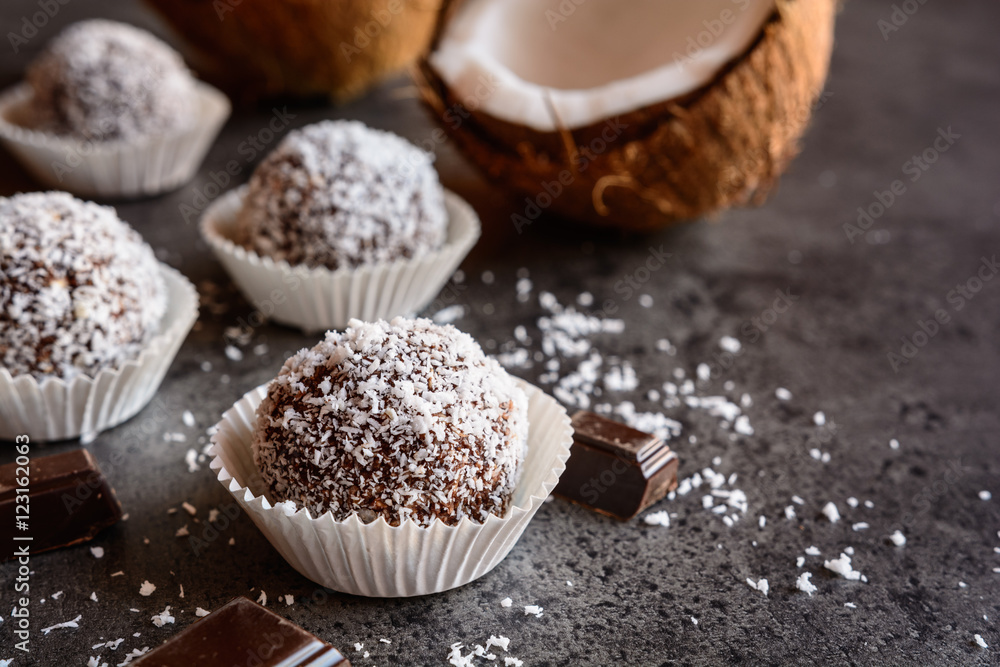 Truffles - classic no bake Chocolate coconut balls Stock Photo | Adobe ...
