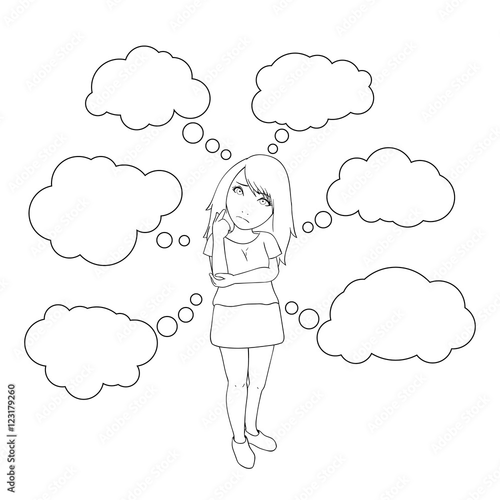 vector illustration of a woman standing in poses of serious thinking ...