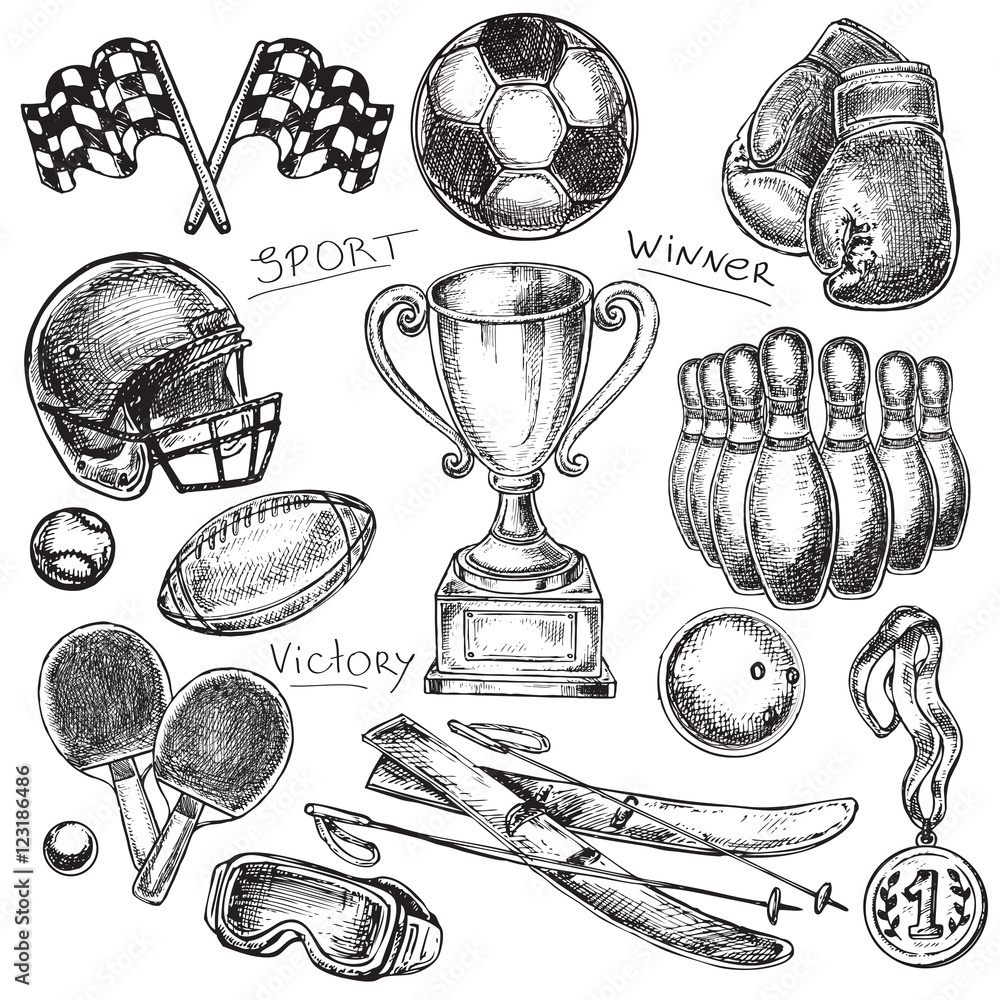 hand drawn sketch illustration sport items set Stock Vector | Adobe Stock