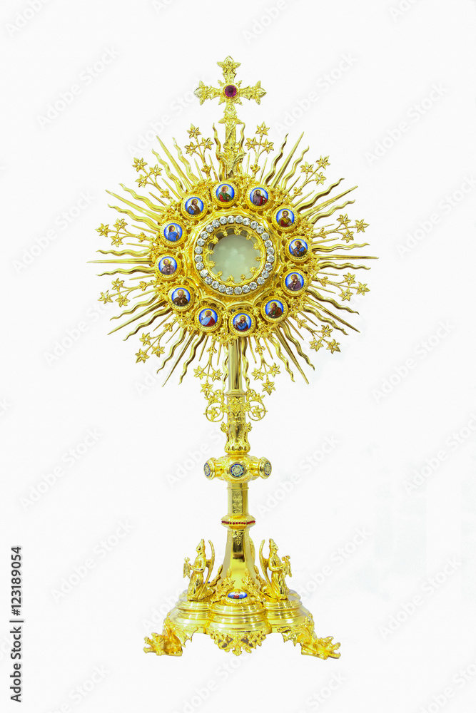 Poster Old gold monstrance Jesus body on white background – Wall Art ...