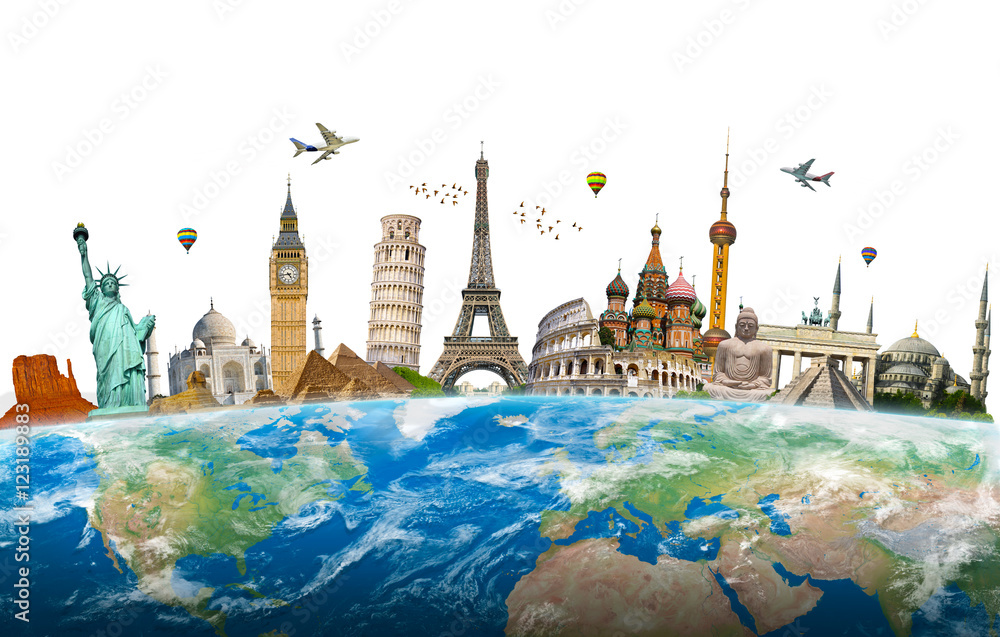 Famous landmarks of the world grouped together on planet Earth Stock ...