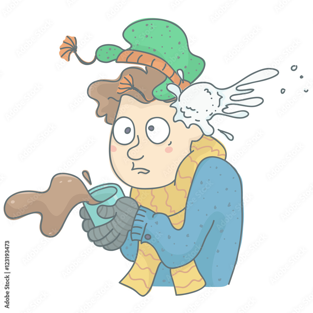 Humorous illustration of man being hit by snowball. Man in winter ...