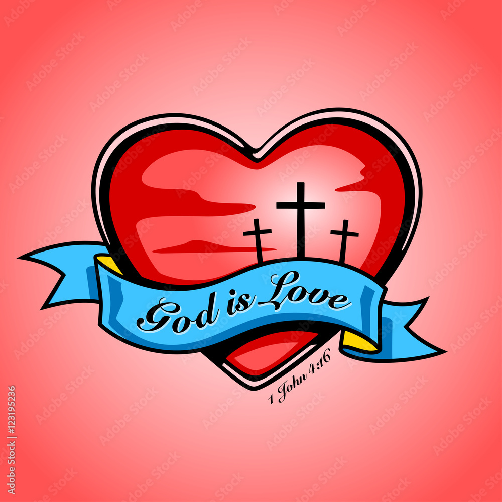 Christian crucifixion cross inside red heart and blue banner with God ...