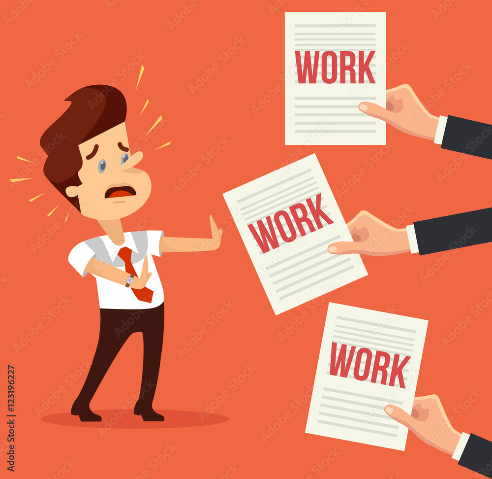 Many work. Busy man character. Hands give many works. Vector flat ...