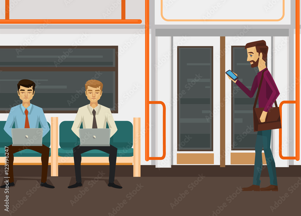 People characters with laptop and smartphone in train subway. Vector ...