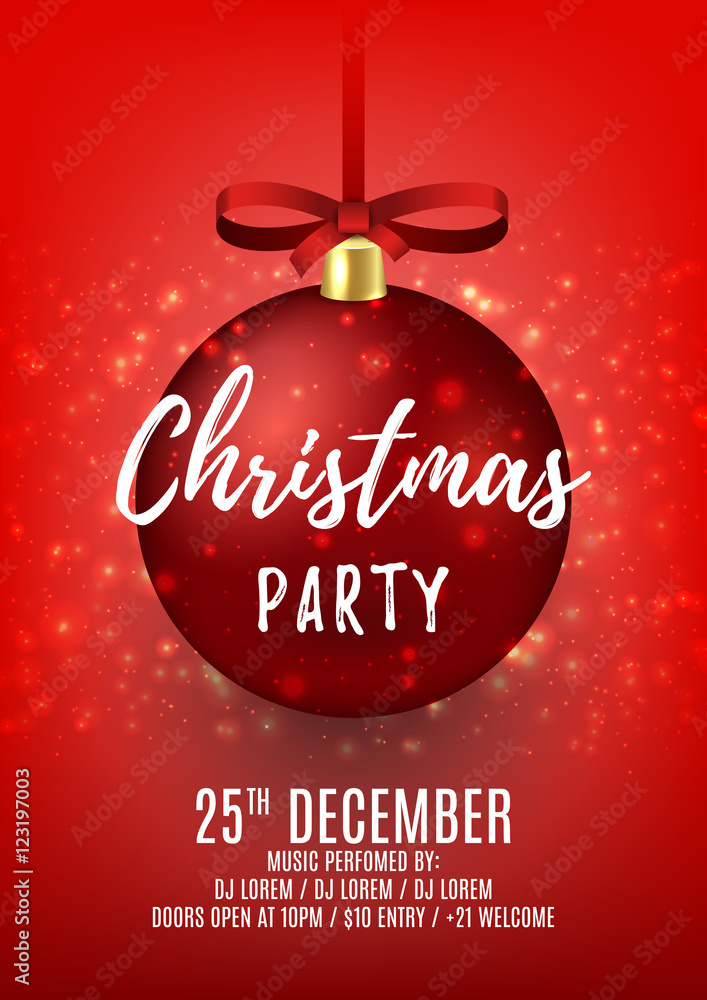 Christmas party flyer with red ball. Elegant vector illustration with ...