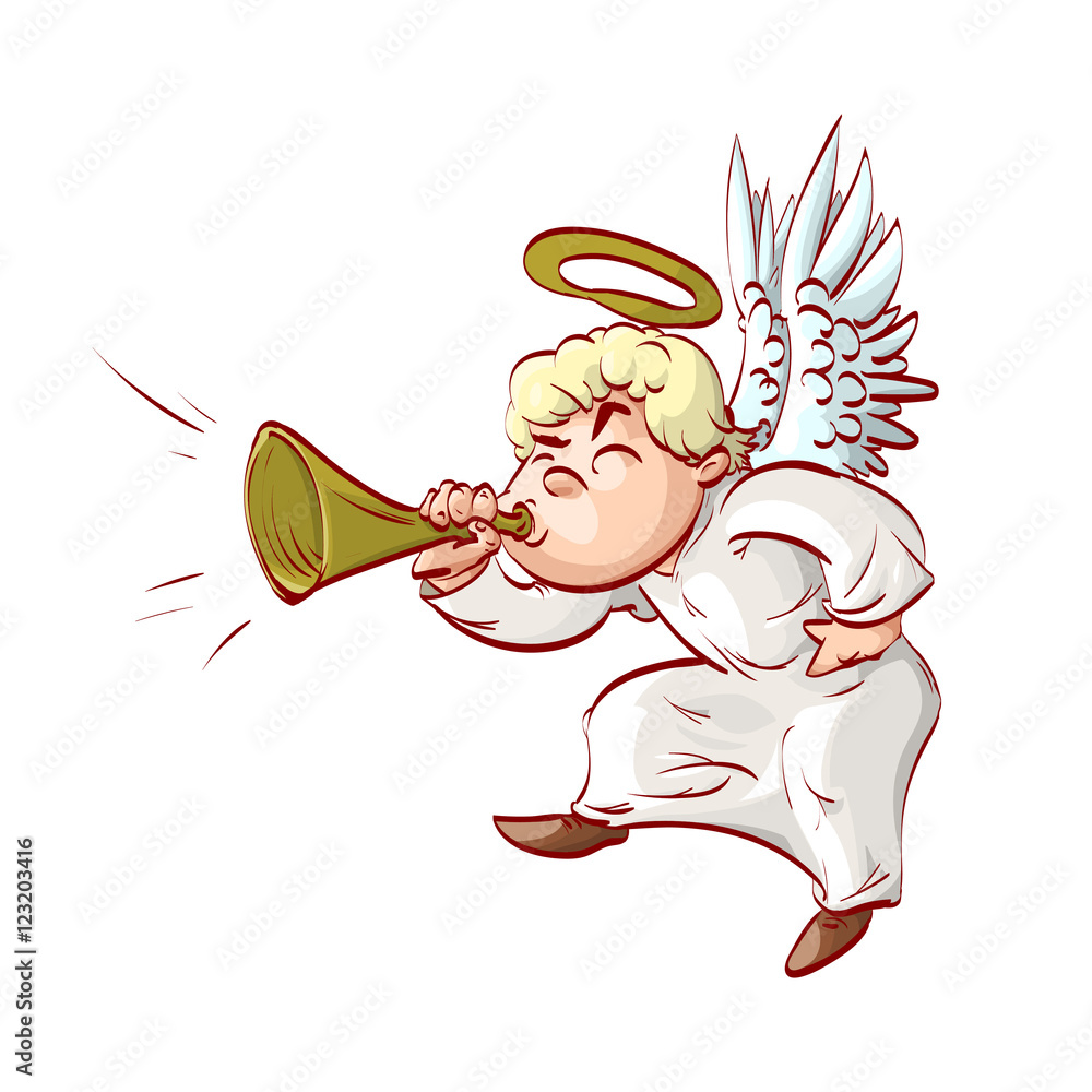 Cartoon illustration of a cartoon angel, playing ( blowing ) on a ...