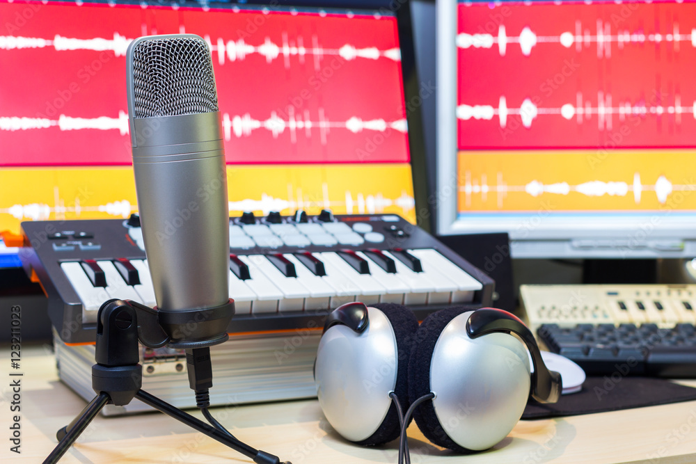 Condenser microphone, headphone, keyboard synthesizer & waveform on ...