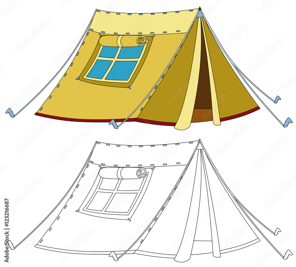 Cartoon colorful tent - with coloring page - isolated - illustration ...