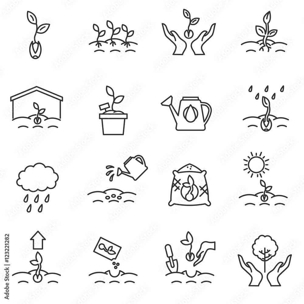 sprout icons set. growing plants from seeds collection. cultivation ...