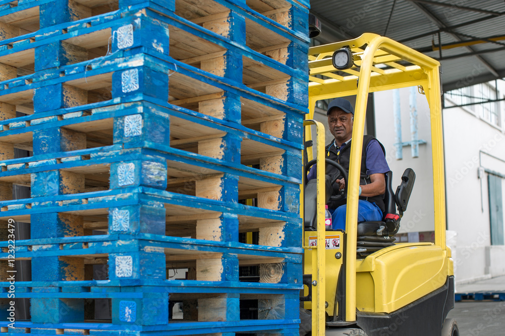 Forklift driver loading stacked pallets at packaging factory Stock ...