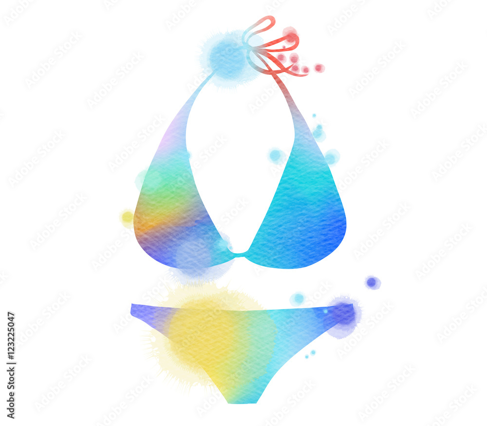 Watercolor women colorful beach swimsuit with bow and geometric ...