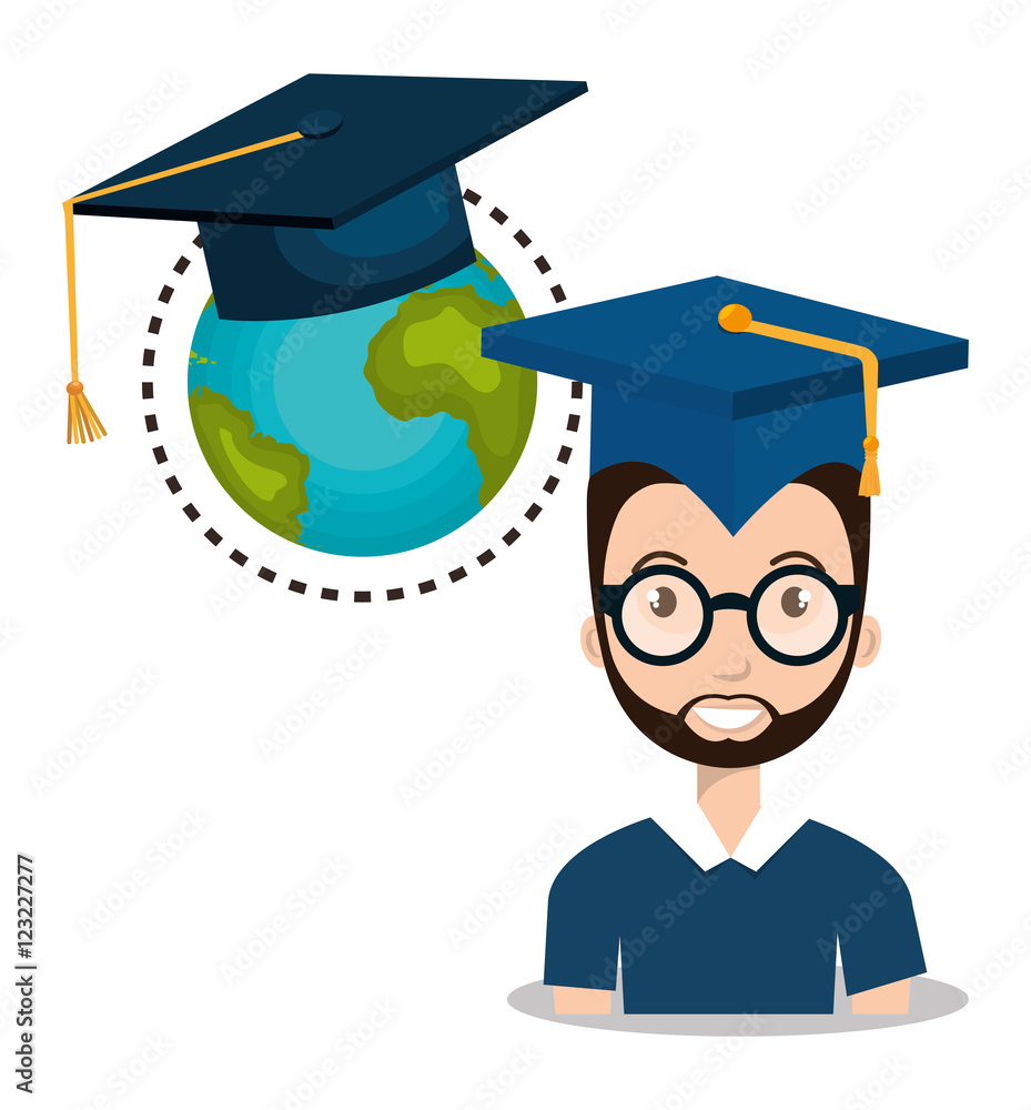 avatar man smiling wearing graduation cap and earth planet. vector ...