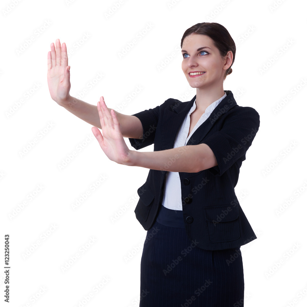 Smiling businesswoman standing over white isolated background Stock ...