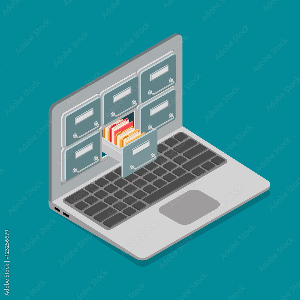 Flat isometric Laptop card file screen vector 3d Online storage Stock ...