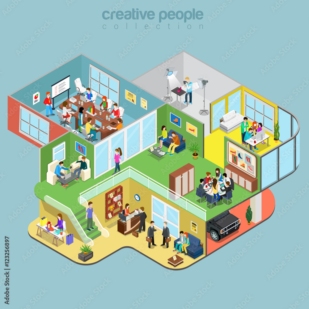 Flat isometric office interior department staff vector 3d Stock Vector ...