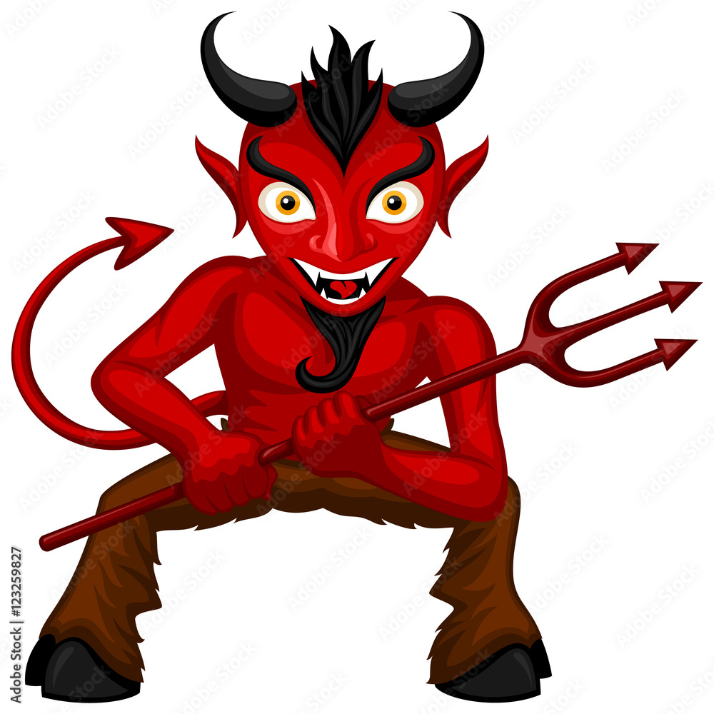 Vector illustration of a crouched devil holding a pitchfork. Stock ...