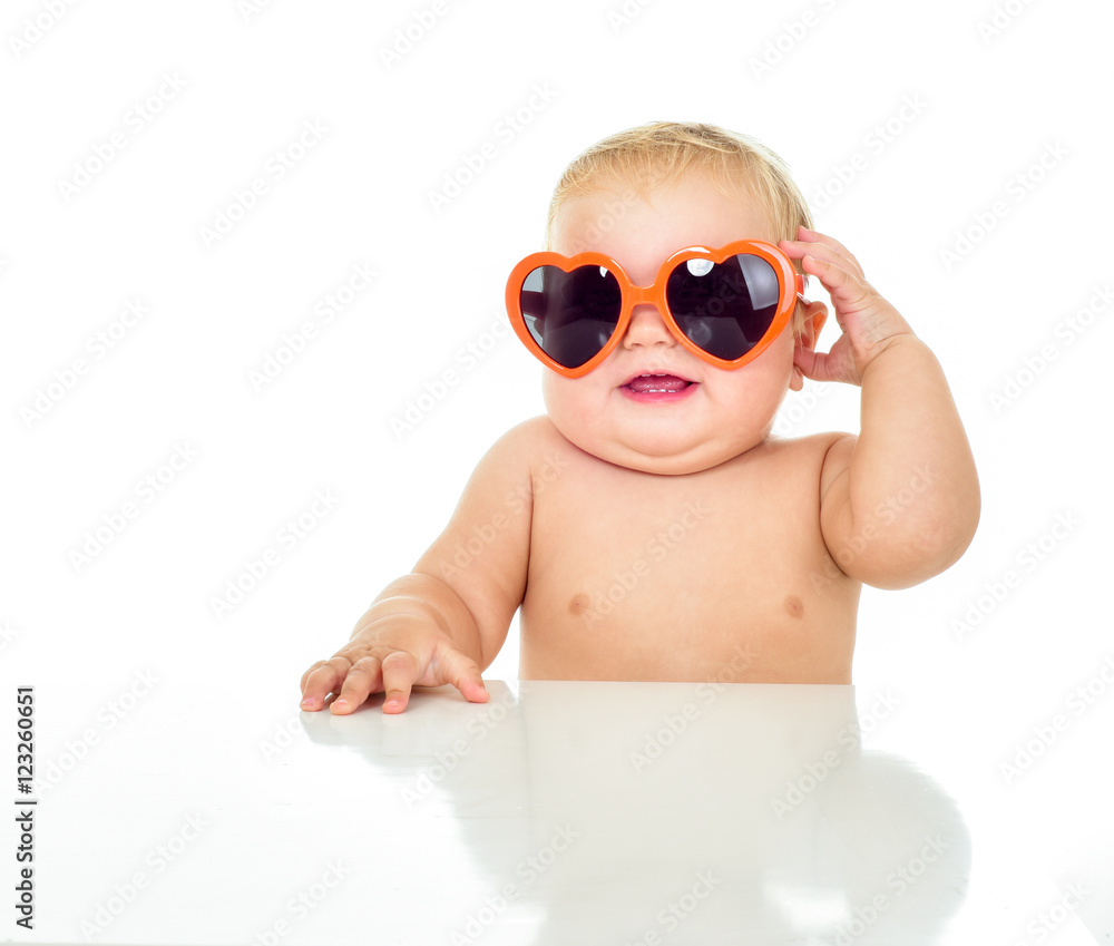 Beautiful smiling baby in sunglasses. One, isolated on white. Stock ...