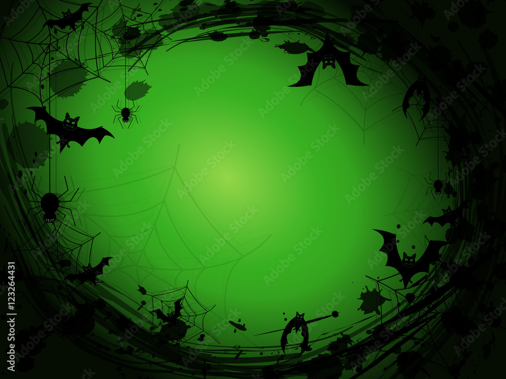Abstract Halloween green background with black spider webs, spiders ...