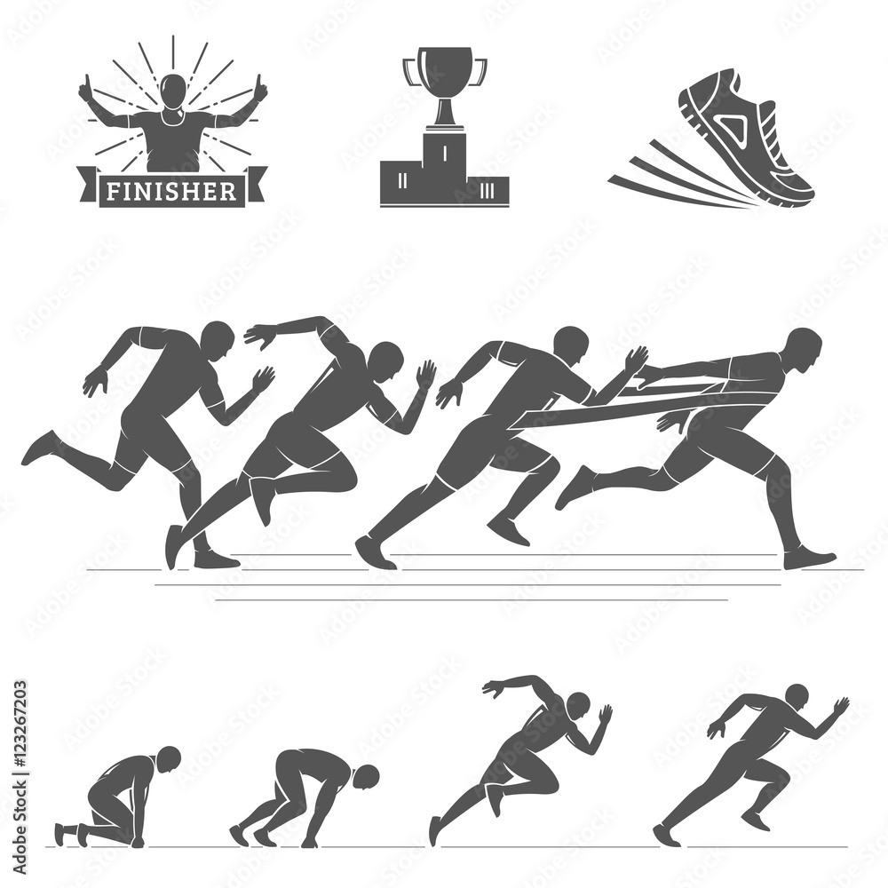 Running silhouettes set. Run club labels, emblems and design elements ...