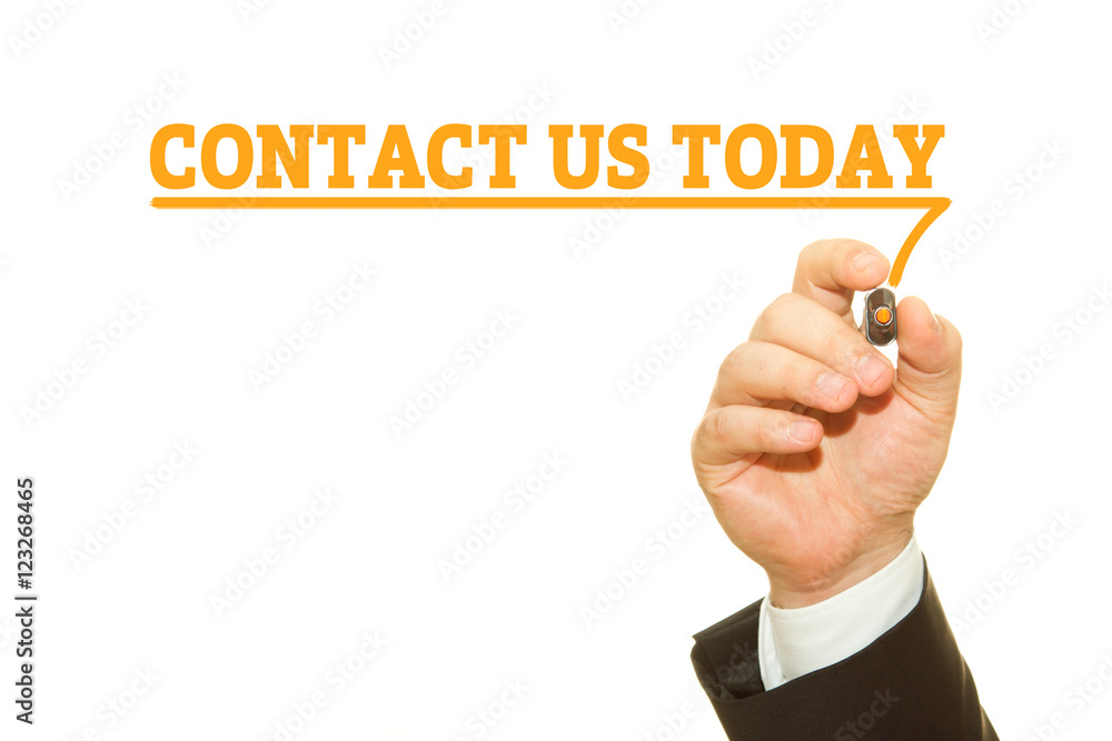 Hand writing CONTACT US TODAY with a marker on transparent wipe board ...
