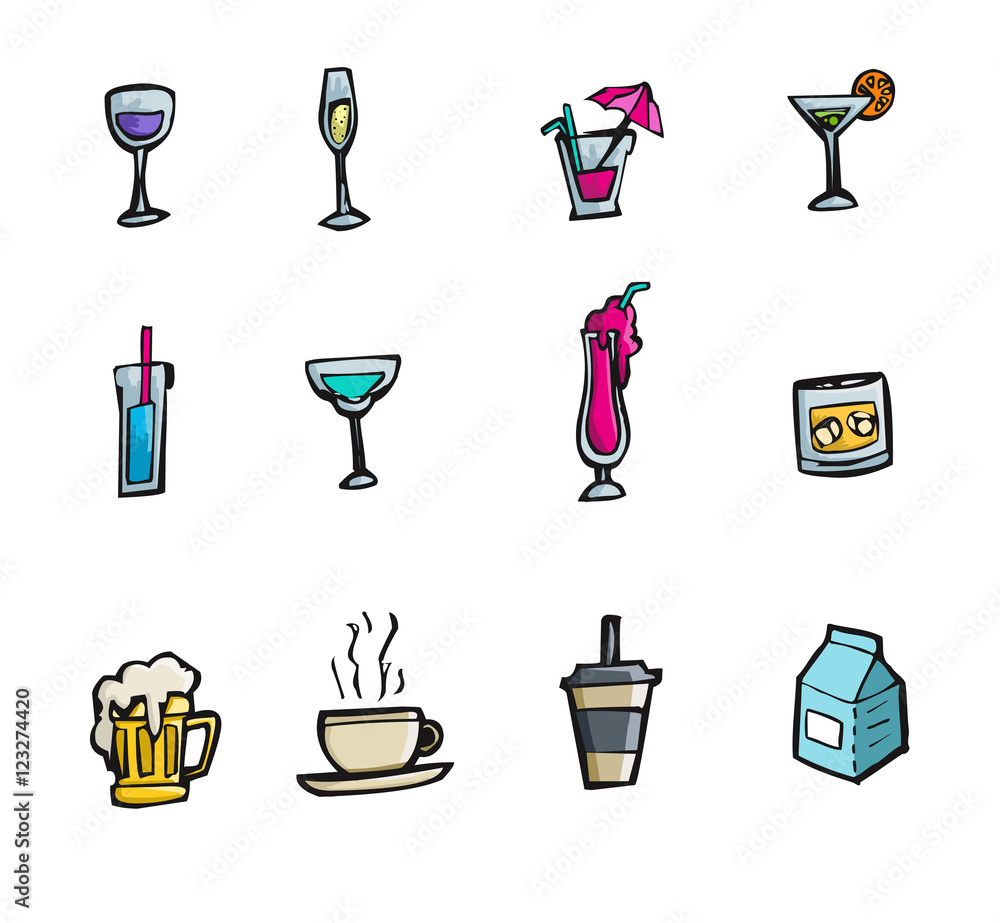 Set of colorful hand drawn cartoon style drinks and cocktails icons ...