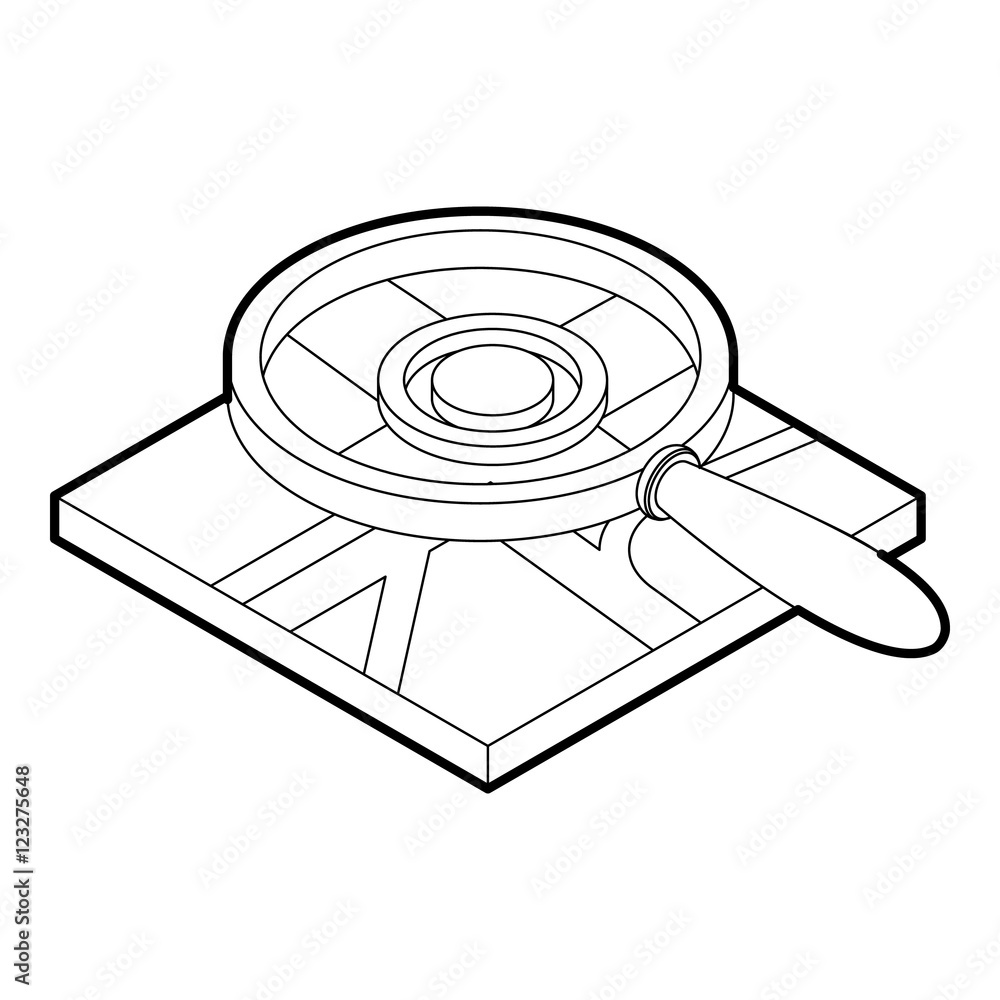 Magnifying glass over map icon. Outline illustration of agnifying glass ...