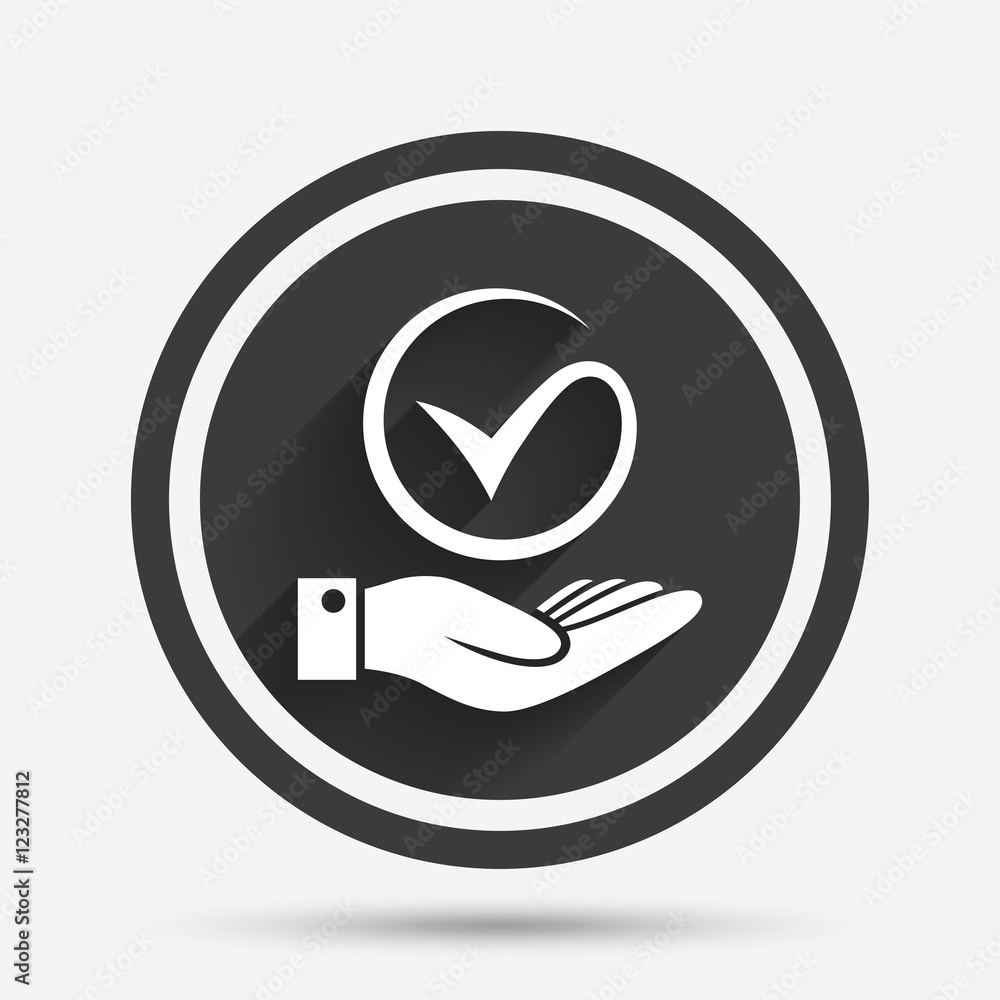 Tick and hand sign. Palm holds check mark symbol. Stock Vector | Adobe ...
