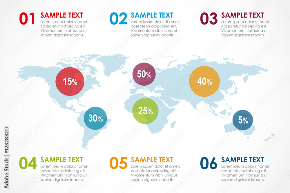 World map infographic with 6 percentage circle mark and options. Vector ...