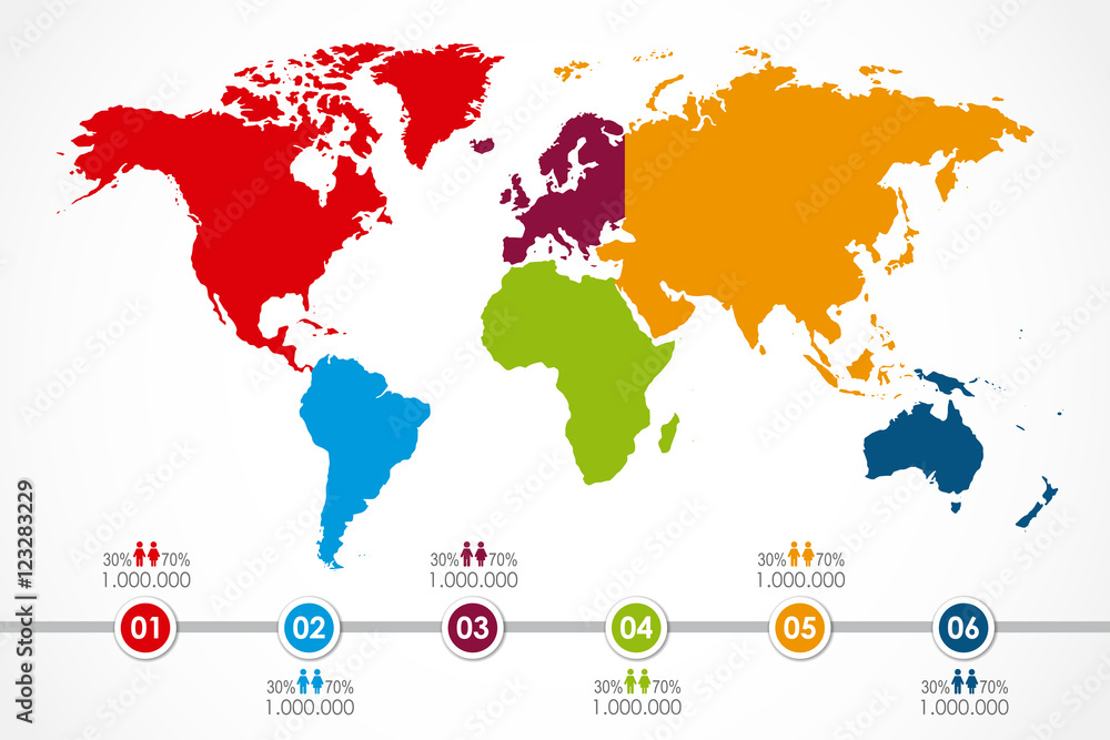 World map infographic with 6 continent in colors and timeline ...