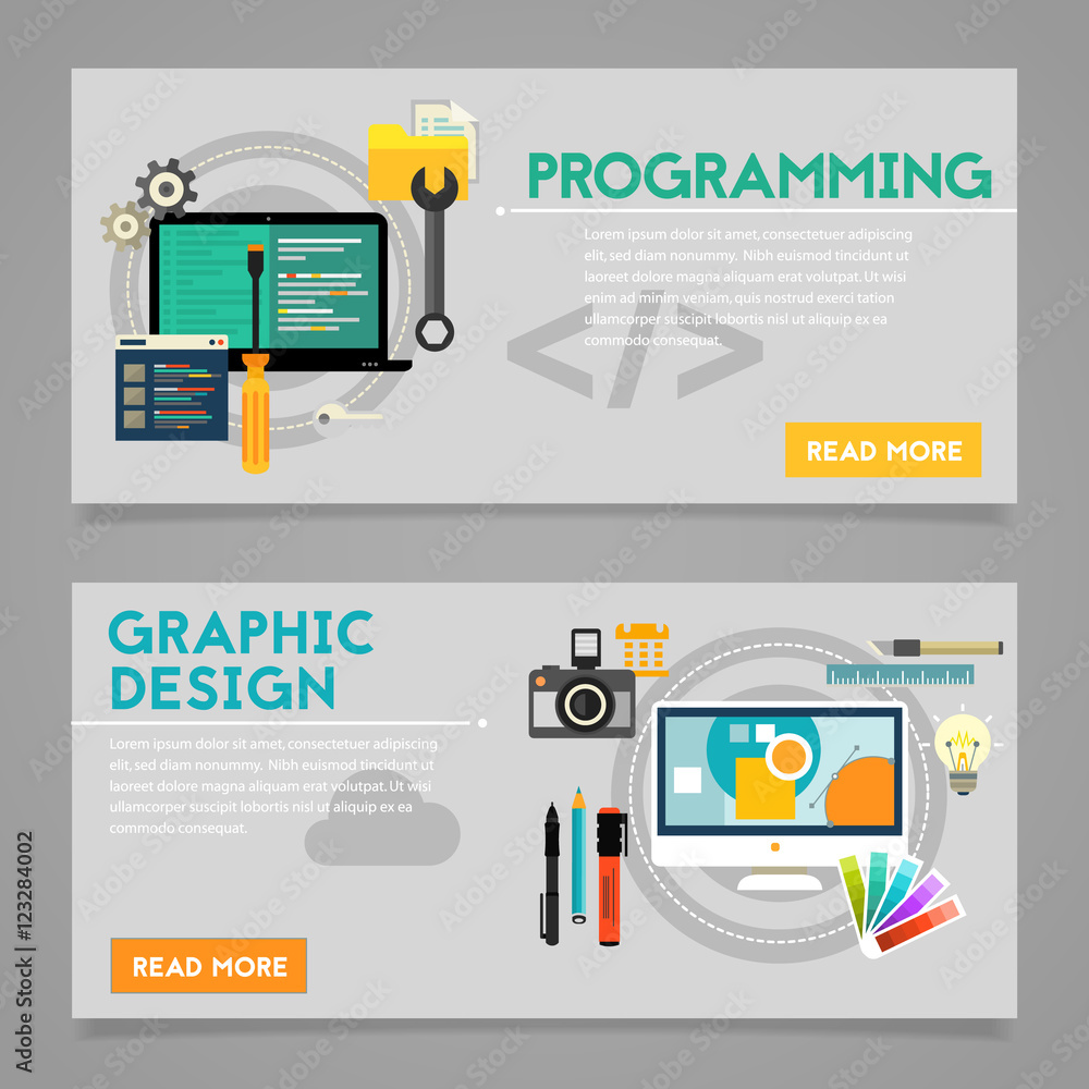 Fototapeta mapa świata dla dzieci Programming and Graphic Design Concept Banners | Fototapety ...