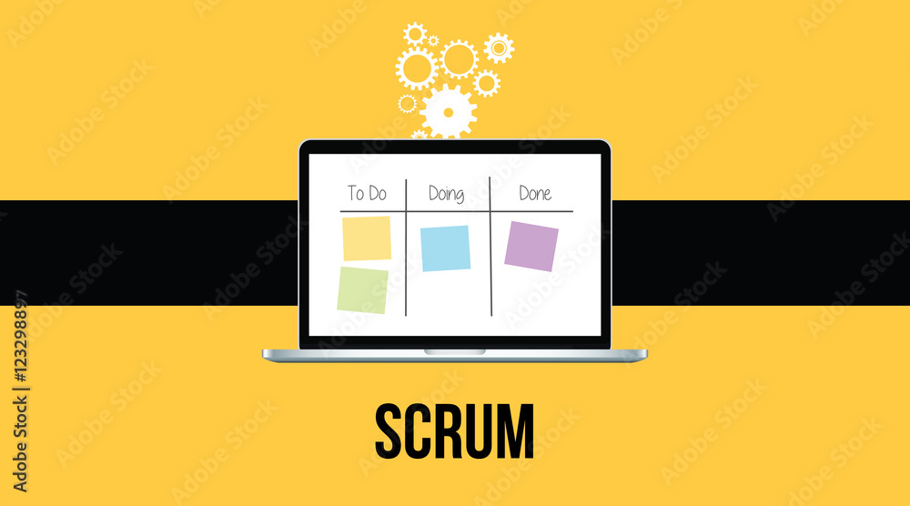 scrum methodology with laptop and sticky notes yellow background Stock ...